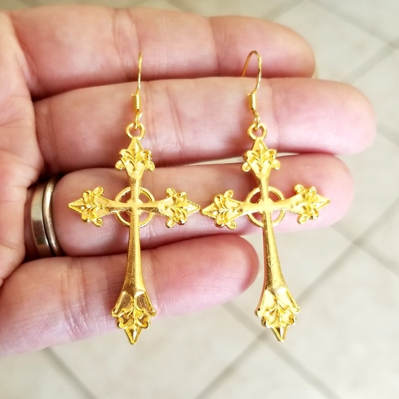 Handmade | Jewelry | 4k Gold Cross Earrings Large Cross Earrings Dangle ...